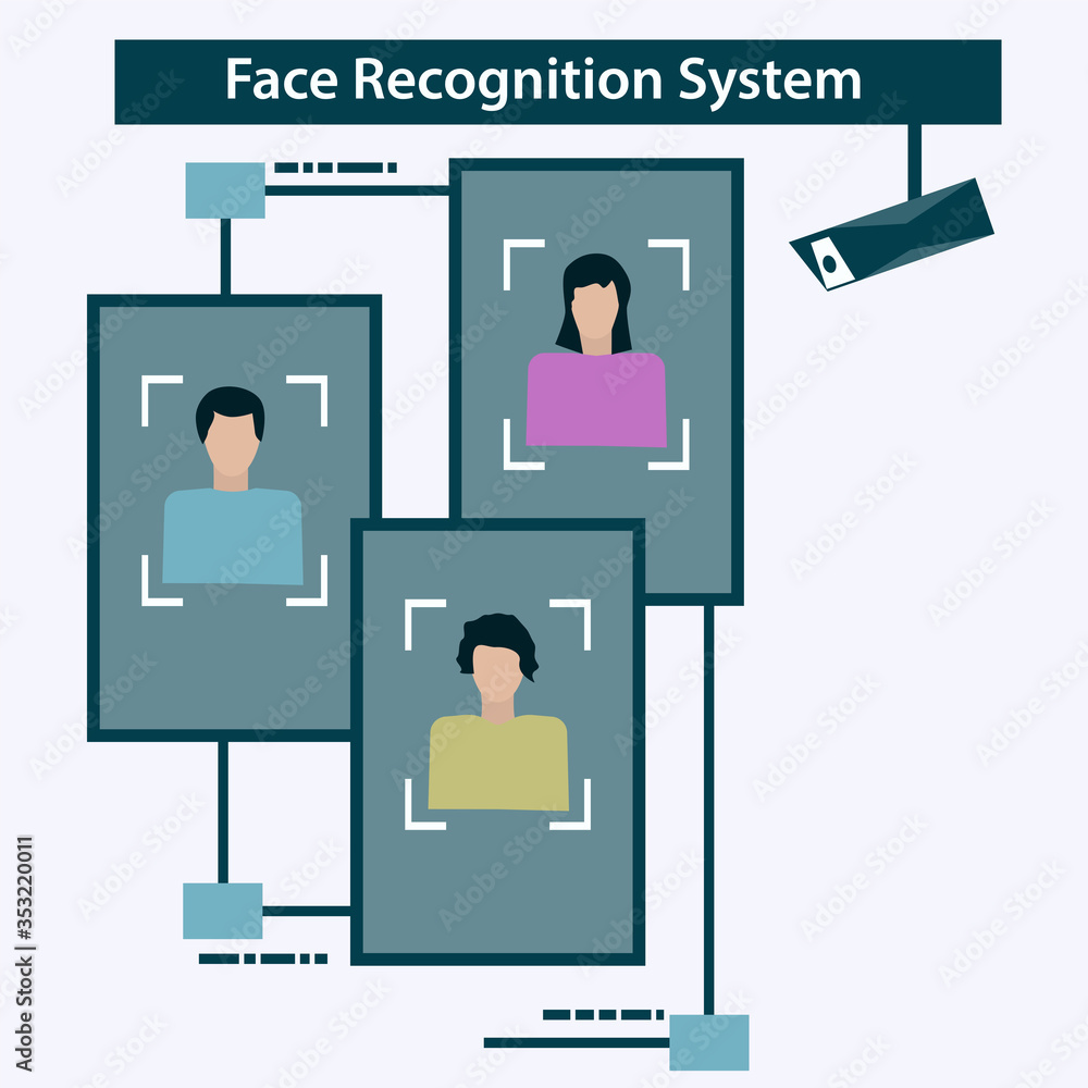 Face recognition system - video camera captures people - vector ...