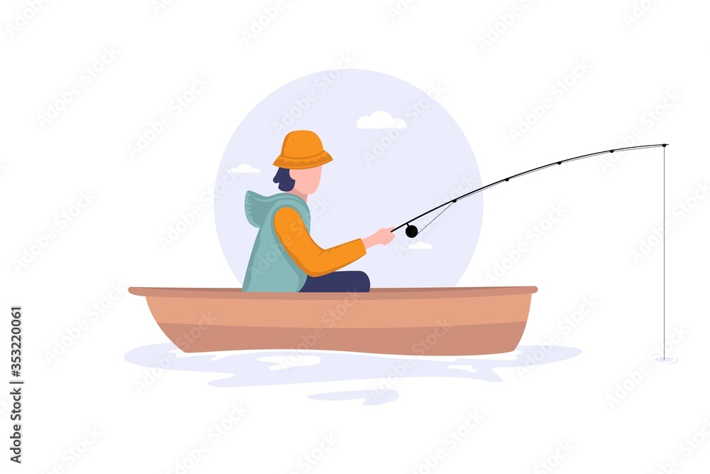 Fisherman sits on boat with fishing rod. Fishman crocheted spin into ...