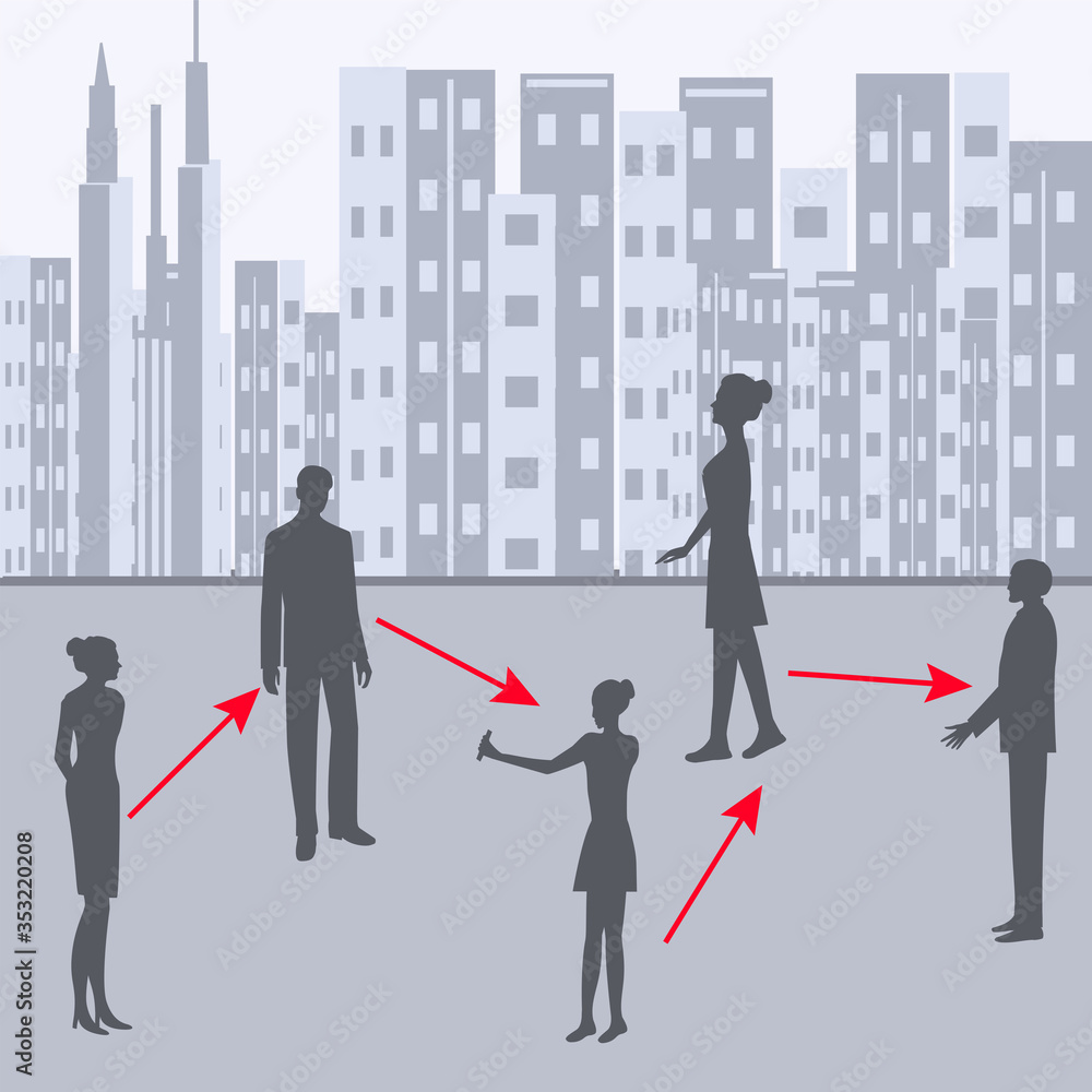 Restriction of physical contact - red arrows - distance between people ...