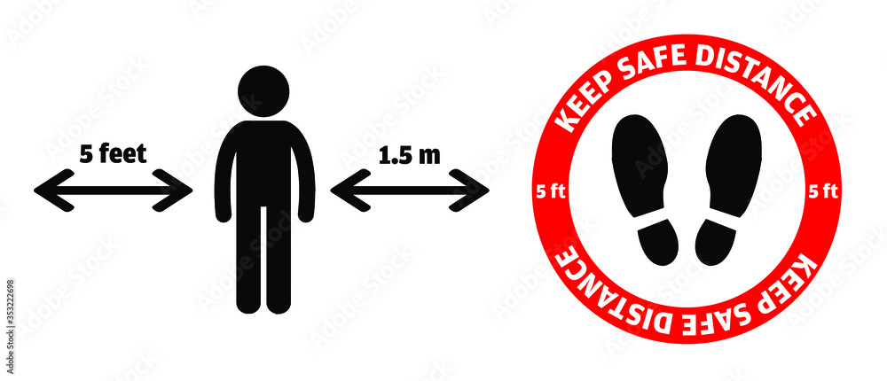 Keep Safe Distance sticker with feet sign inside red circle for ...