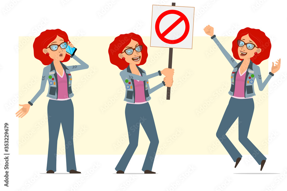 Cartoon flat funny redhead hippie woman character in glasses and jeans ...
