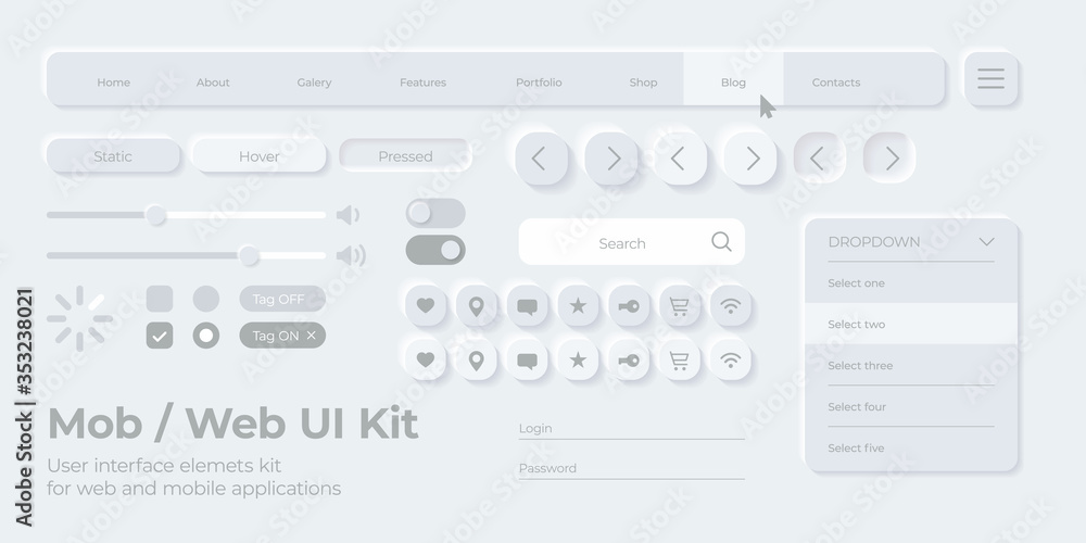 Vector UI UX kit for mobile applications, web and social media. Universal user interface ...