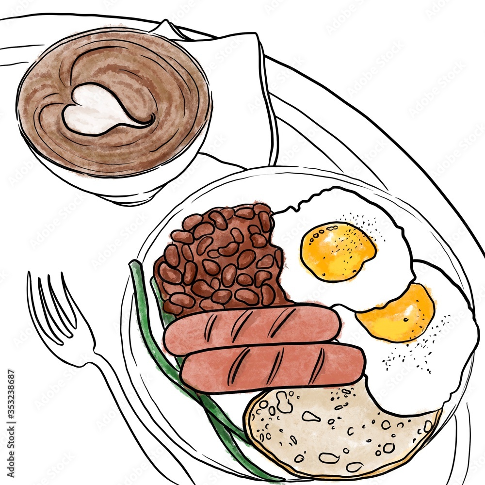 Simple hand drawn sketch of English breakfast on table. Fried eggs ...