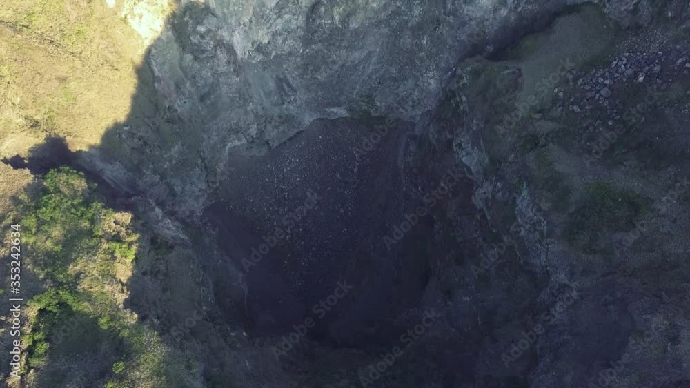 Top down view of a deep hole with rocks landslides caused by an ...