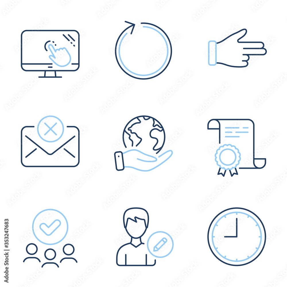 Loop, Time and Edit person line icons set. Diploma certificate, save planet, group of people ...