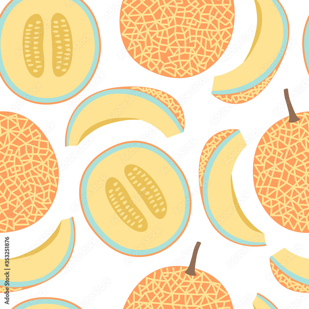 Vetor de Seamless pattern melon hand drawn fruit whole and slices on a ...