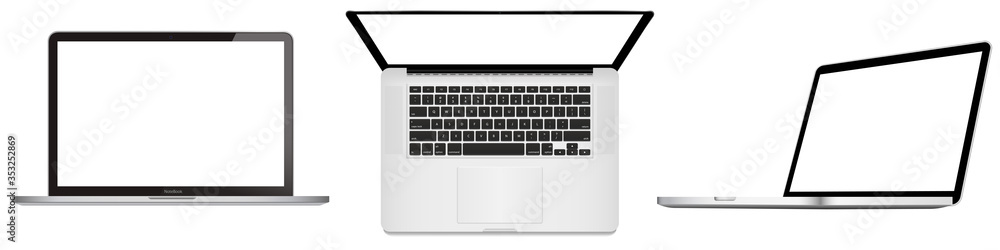 Realistic set Space Gray Laptop Computer, Top down view,side view end ...