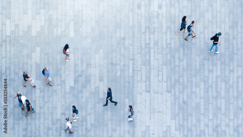 Human life in Social distance. Top view of blur people are walking in ...