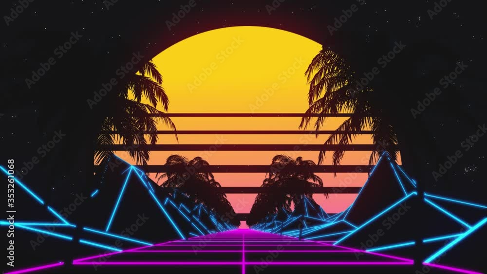 Retrowave horizon landscape with neon lights and low poly terrain with ...
