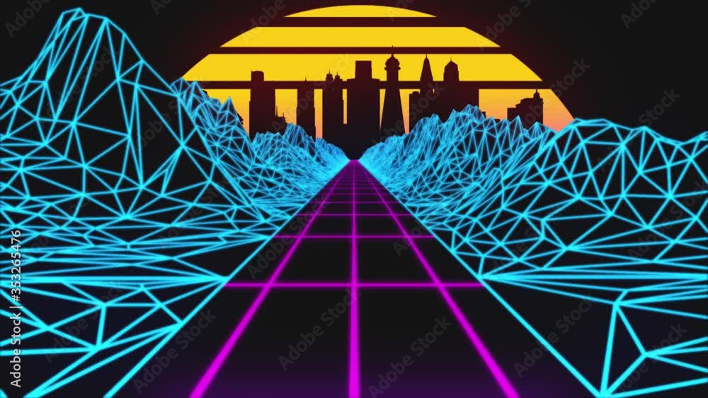 Stylized vintage 3D animation background with modern city, sun and ...