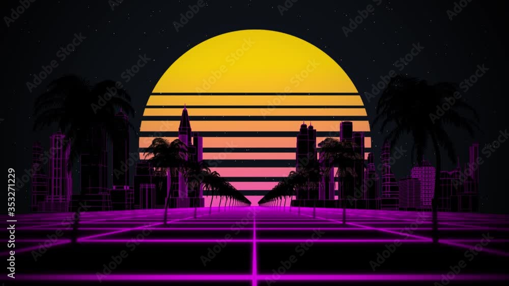 Stylized vintage 3D animation background with modern city, palm trees ...