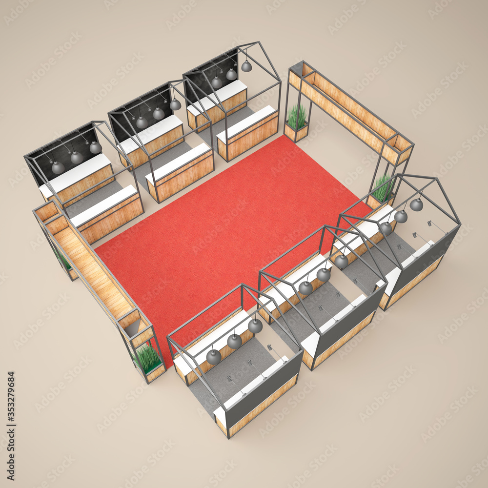 3d illustration layout food stall bazaar with double access gate ...