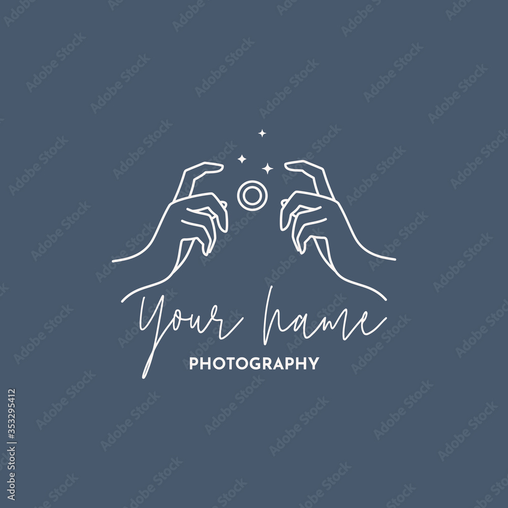 Linear logo of the photographer. Women's Hands hold the camera shutter ...