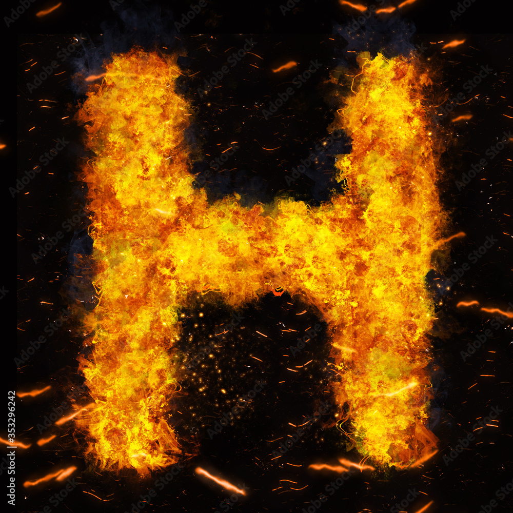 Letter H flame explosion shape with embers and sparks Stock ...