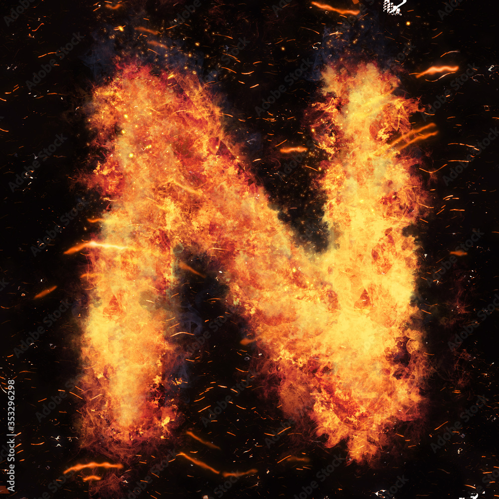 Letter N flame explosion shape with embers and sparks Stock ...