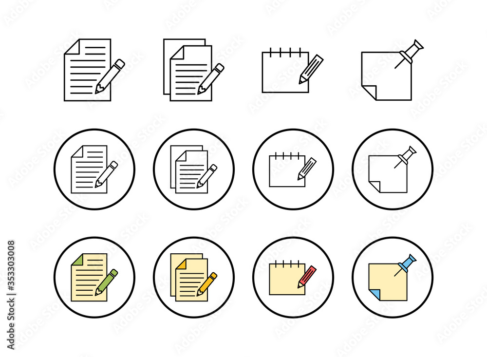 Set of Note icons . Taking note icon vector. Edit line icon. Document ...