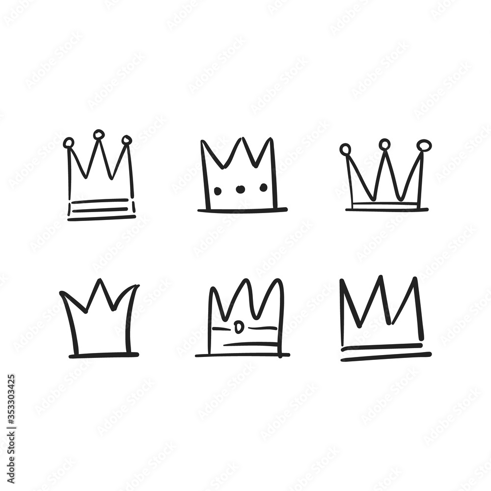 Crown doodle collection. Hand drawn set of king, queen, prince and ...