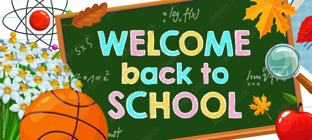 Welcome back to school cartoon vector poster with chalk colorful ...