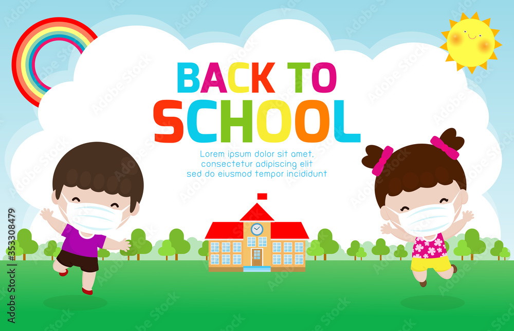Back to school for new normal lifestyle concept. happy kids jumping ...