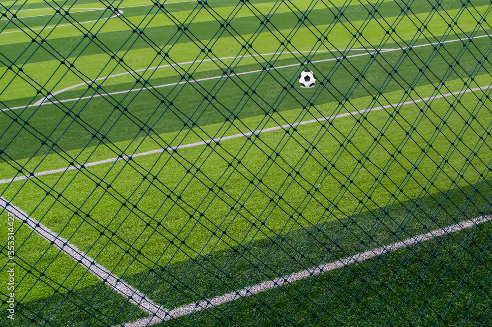 green net fance and Penalty spot soccer football field background Stock ...