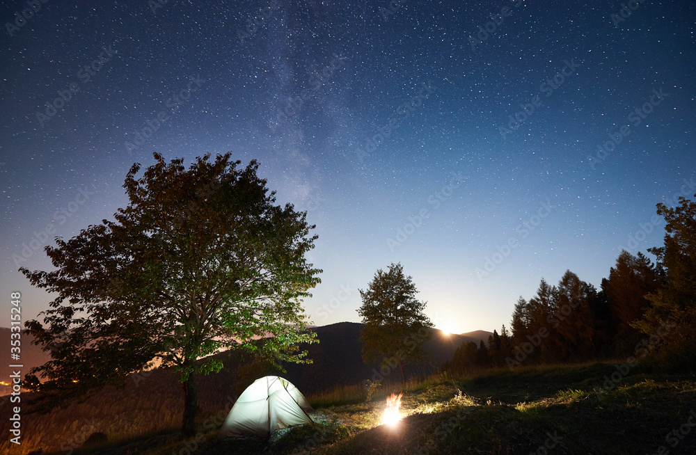 Tourist camping near forest at summer night. Illuminated tent and ...