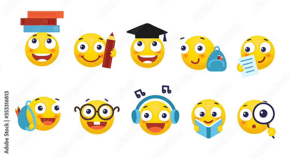 Vector set of smileys for school and education. Round yellow emoticons ...