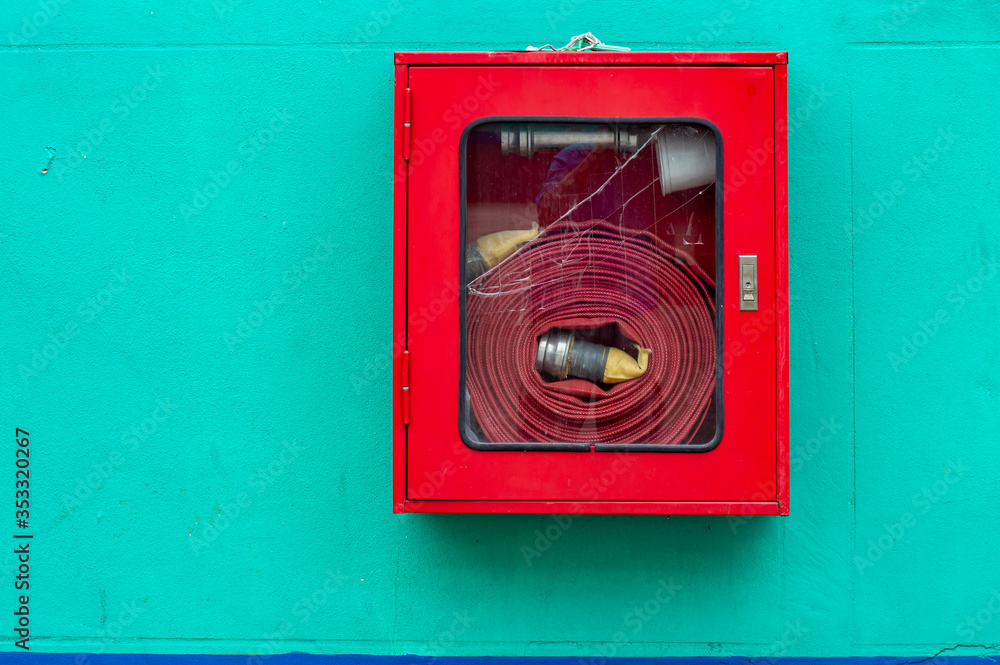 emergency fire line in red box with green and blue concrete background ...