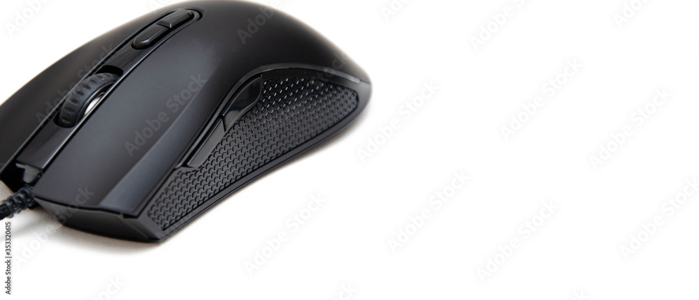 Black gaming mouse with side extra keys and a matte finish on white ...