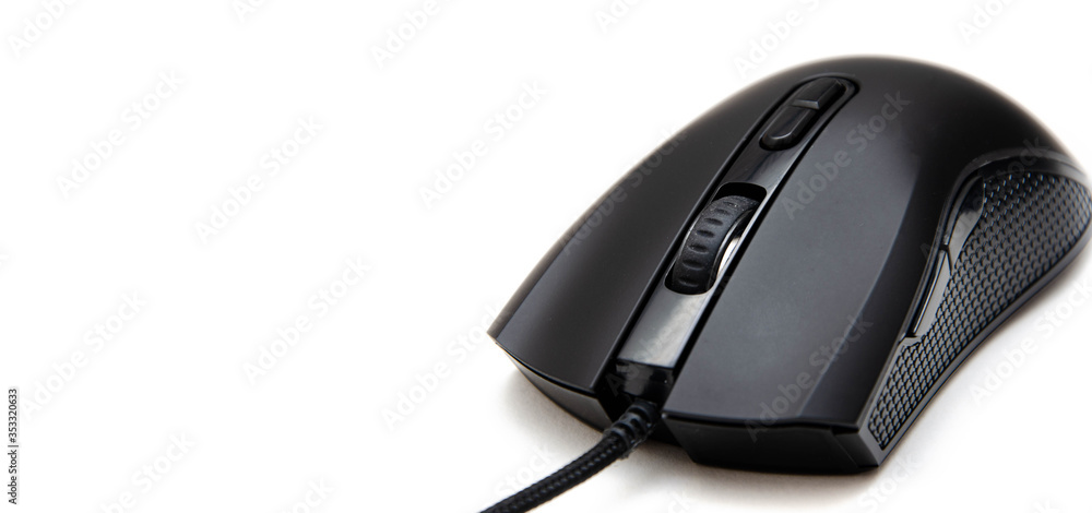 Black gaming mouse with side extra keys and a matte finish on white ...