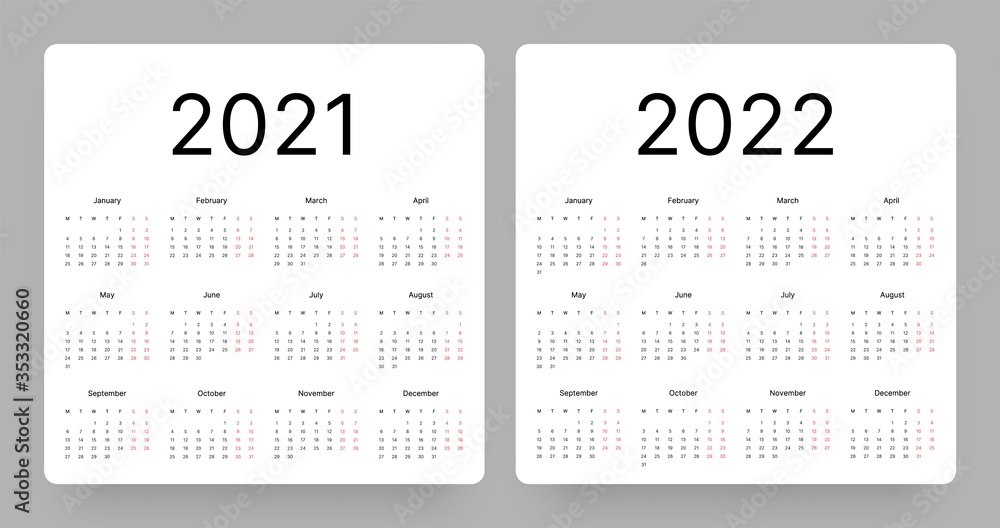 Calendar for 2021 and 2022 year in clean minimal style. Week Starts on ...