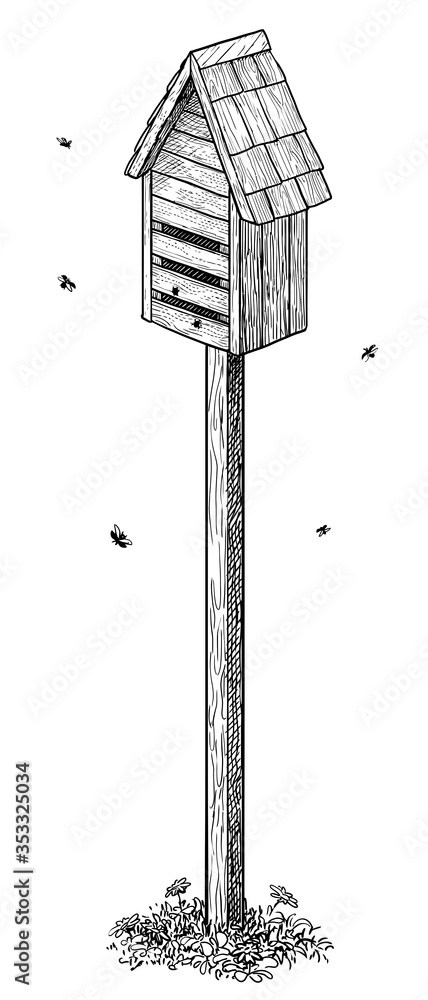 Wooden insect house illustration, drawing, engraving, ink, line art ...
