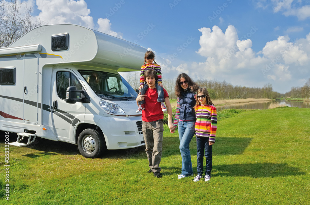 Family vacation, RV travel with kids, happy parents with children on ...