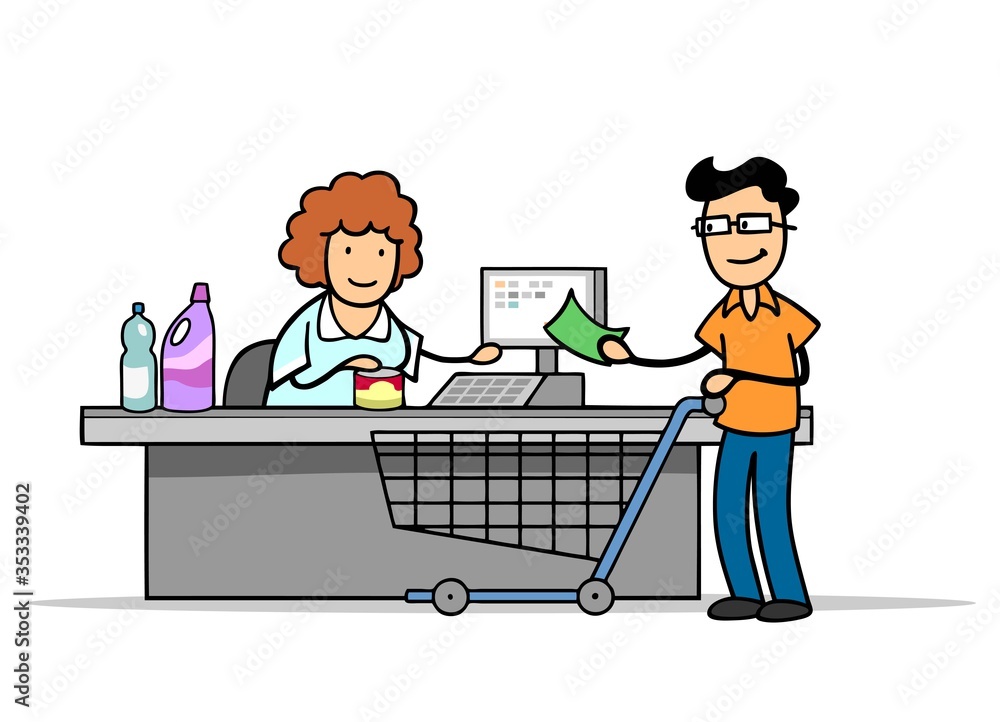 Kunde beim Bezahlen an Supermarkt Kasse Stock Illustration | Adobe Stock