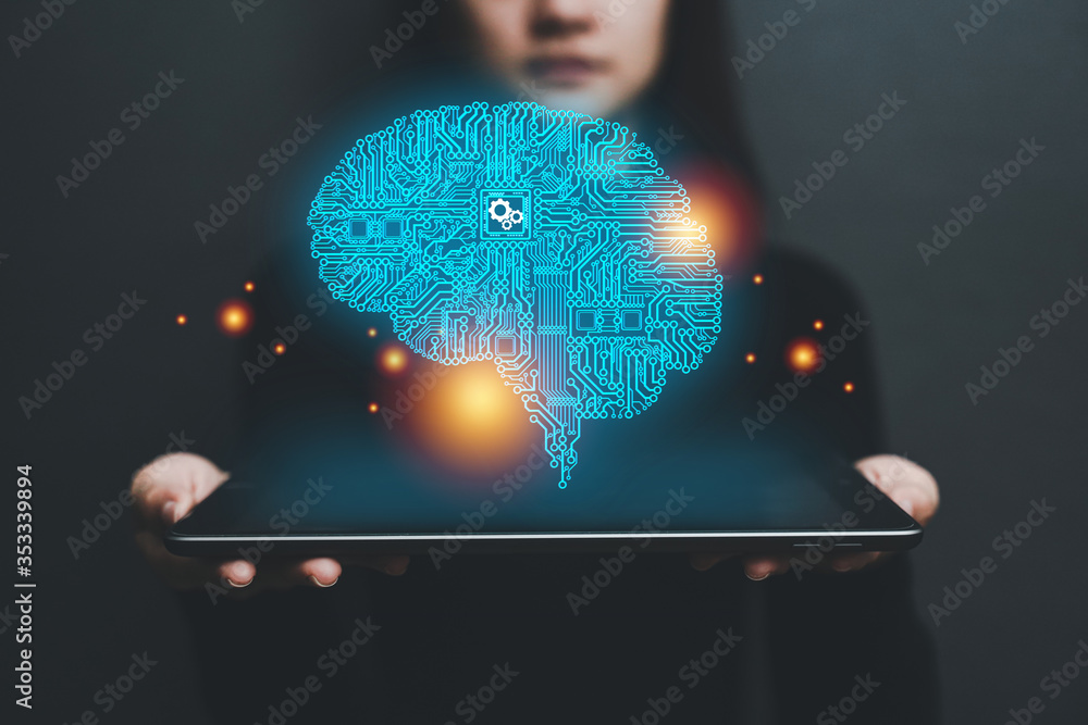 Computer circuit board concept in the form of a human brain on a ...