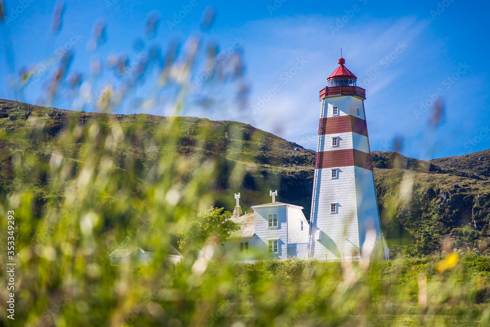 Alnes lighthouse at clear sumer sky at Godoy island near Alesund ...