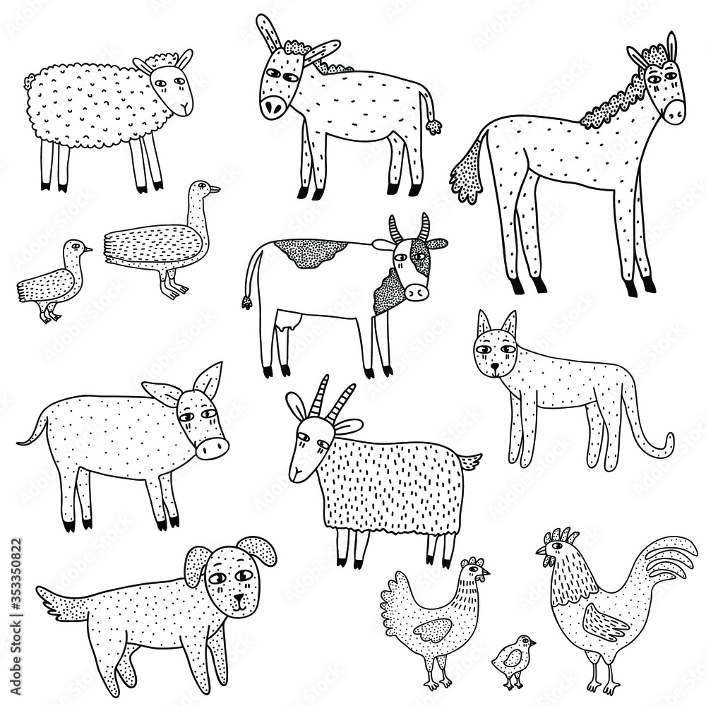Collection set of hand drawn farm animals isolated on white background ...