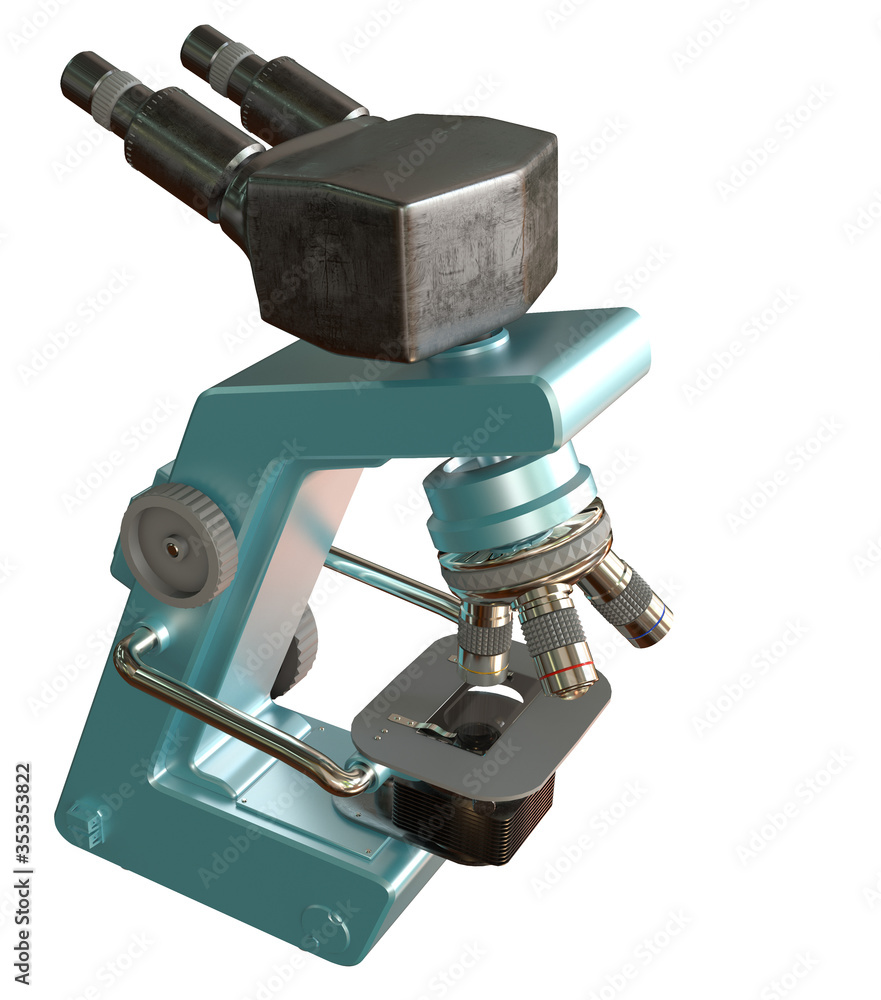 Blue professional microscope with fictive design isolated on white ...