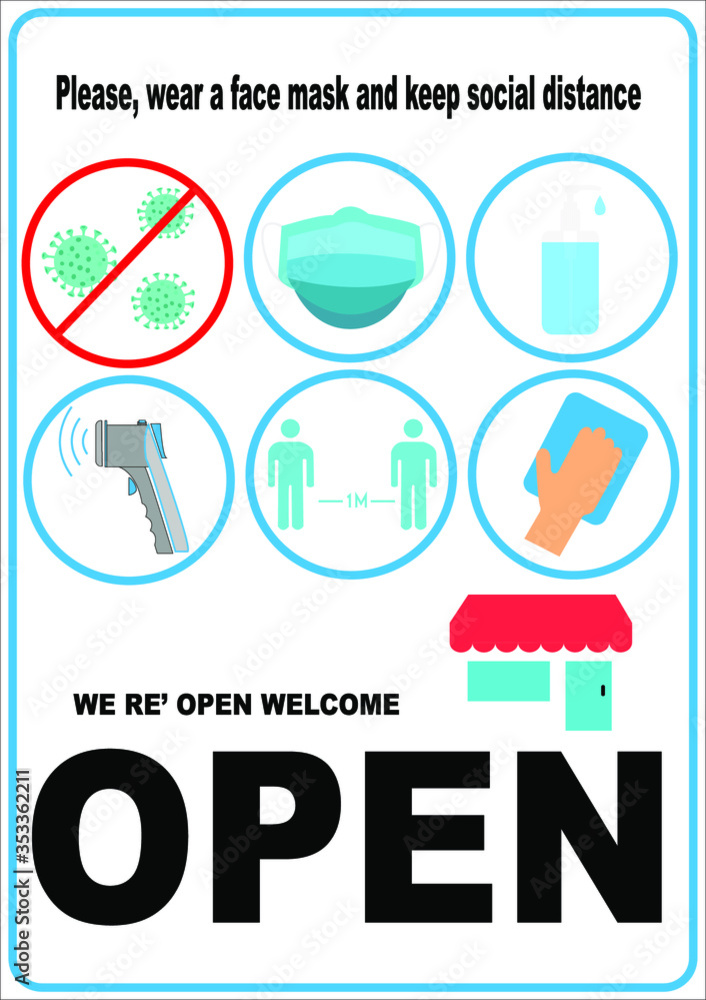 Welcome now open keep social distance and use face mask. Vector.Welcome ...