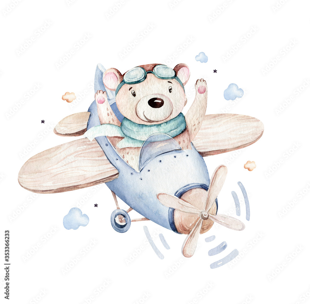 Watercolor set baby cartoon cute pilot aviation background illustration ...