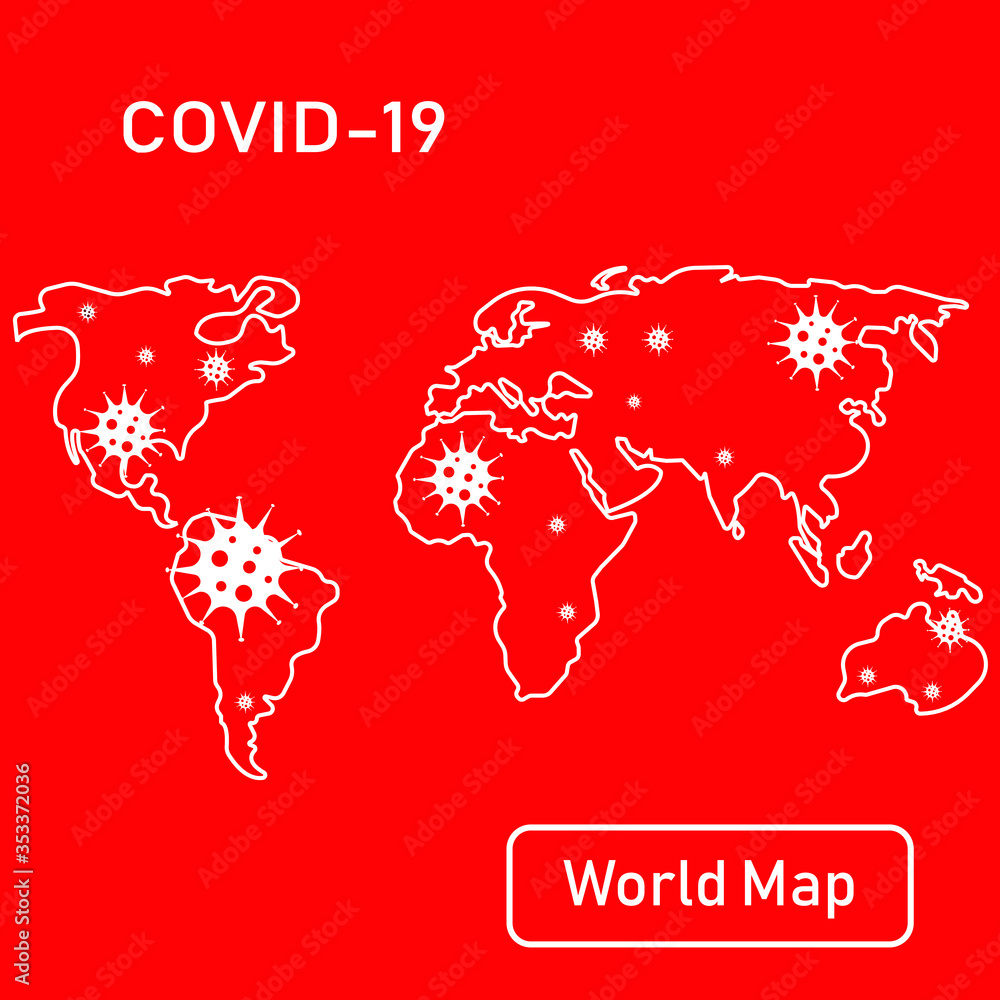 World map marked COVID-19 infection. White outline World map on a red ...