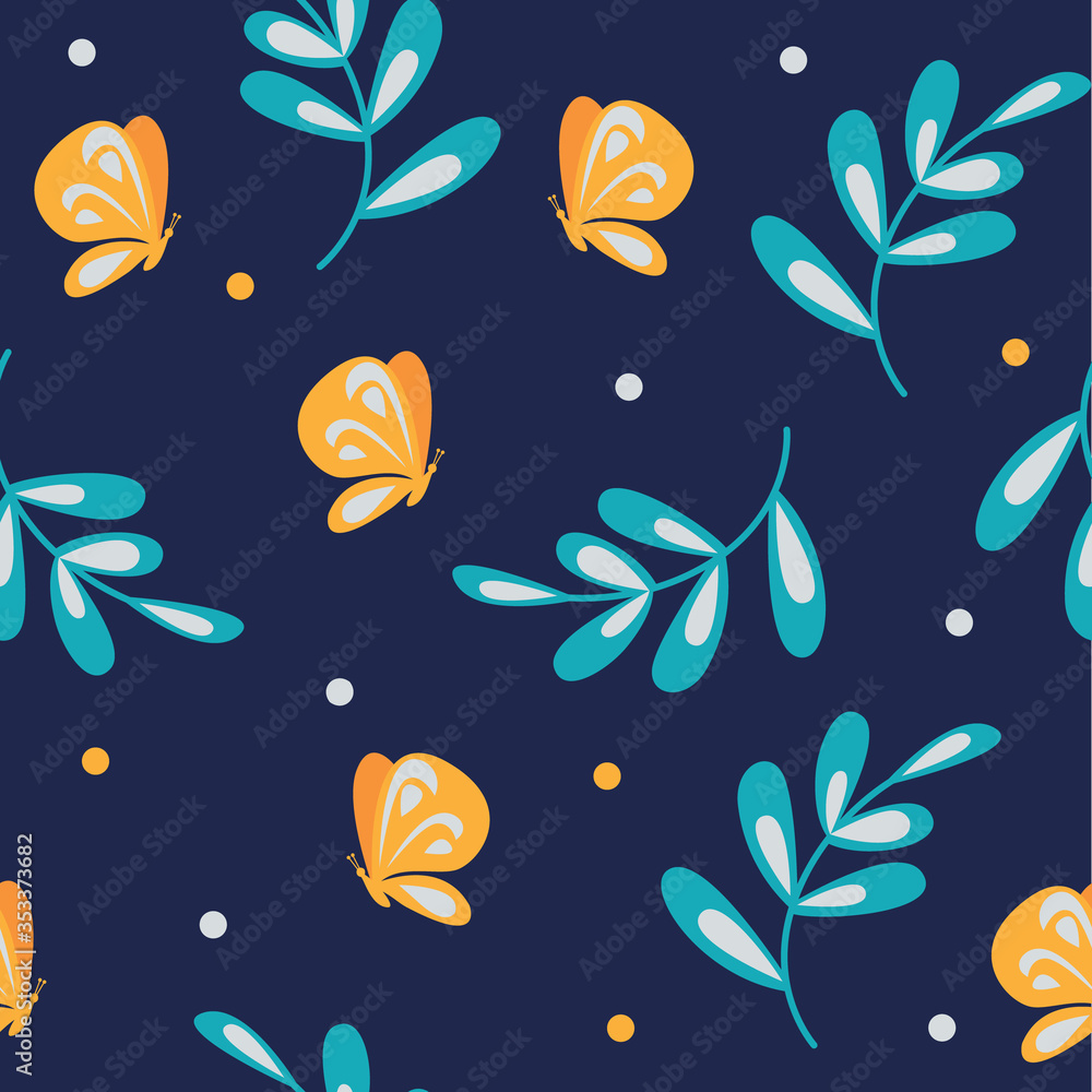 Pattern with yellow butterflies and leaves on a blue background ...