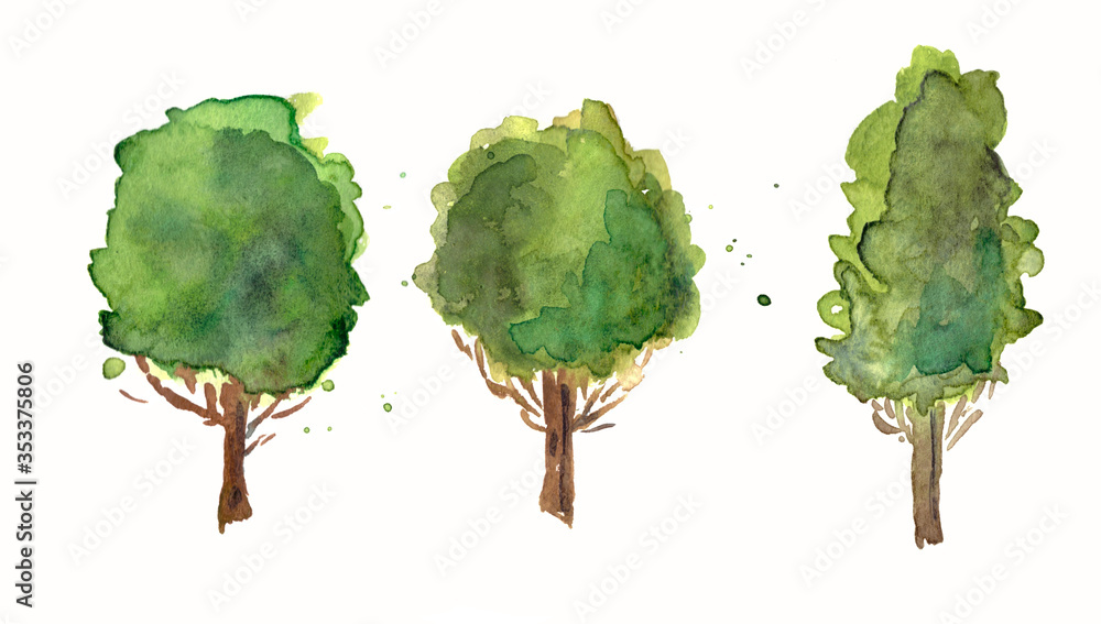 Watercolor green trees on white background for wallpaper and textile ...
