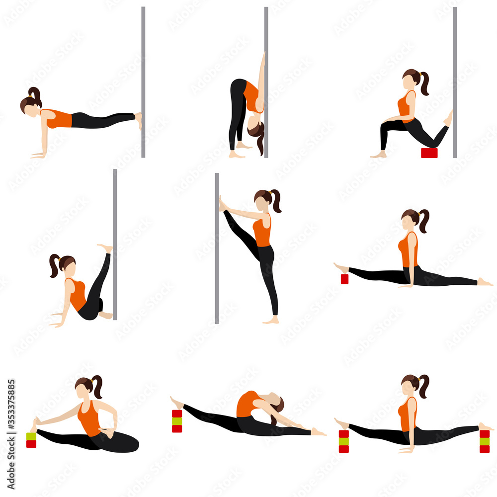 Splits with blocks and a wall stretching yoga asanas set/ Stylized ...
