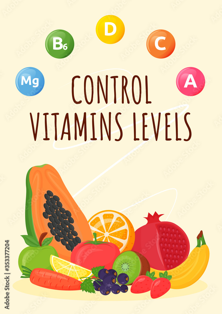 Control vitamins levels poster flat vector template. Fresh fruits and ...
