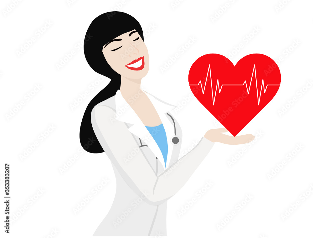 Smiling woman doctor holding red heart rate beat isolated vector ...