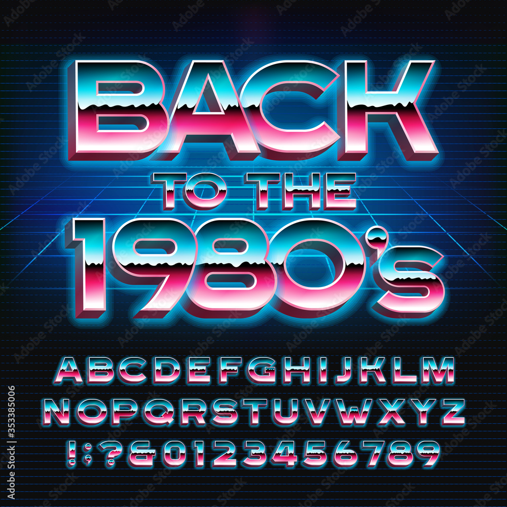 Back to the 1980s alphabet font. Glowing 3D letters and numbers in 80s ...