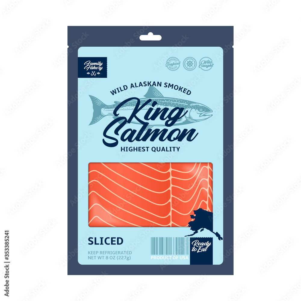 Vector smoked king salmon packaging design concept. Modern style ...