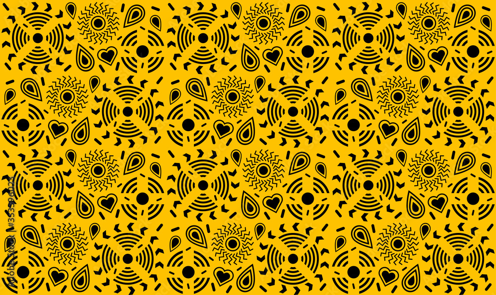 abstract background with yellow circles, drops, hearts, flowers ...