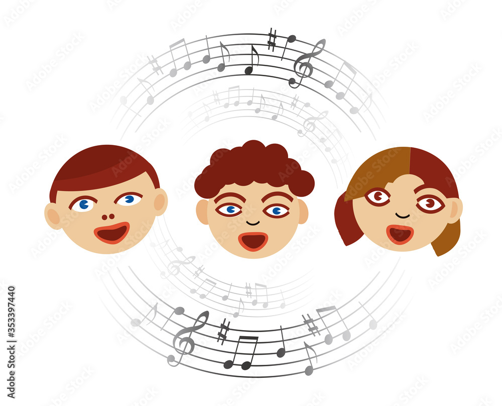 Three Singing children with musical notes. Stylized Illustration of ...