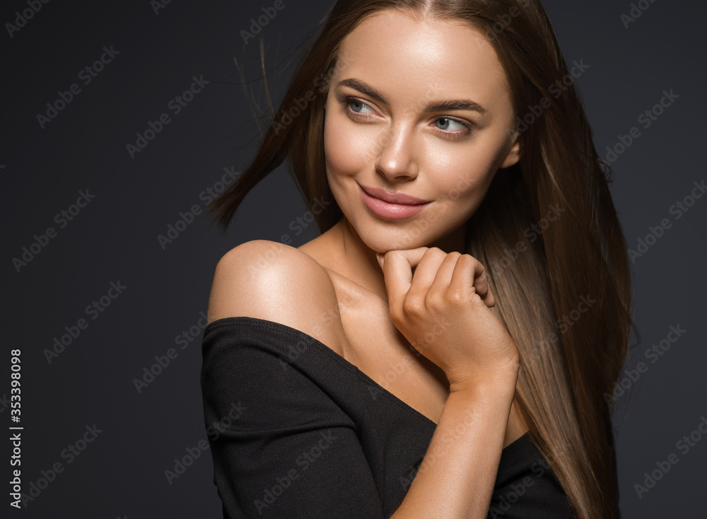 Beautiful smooth long hair woman natural make up face portrait beauty ...